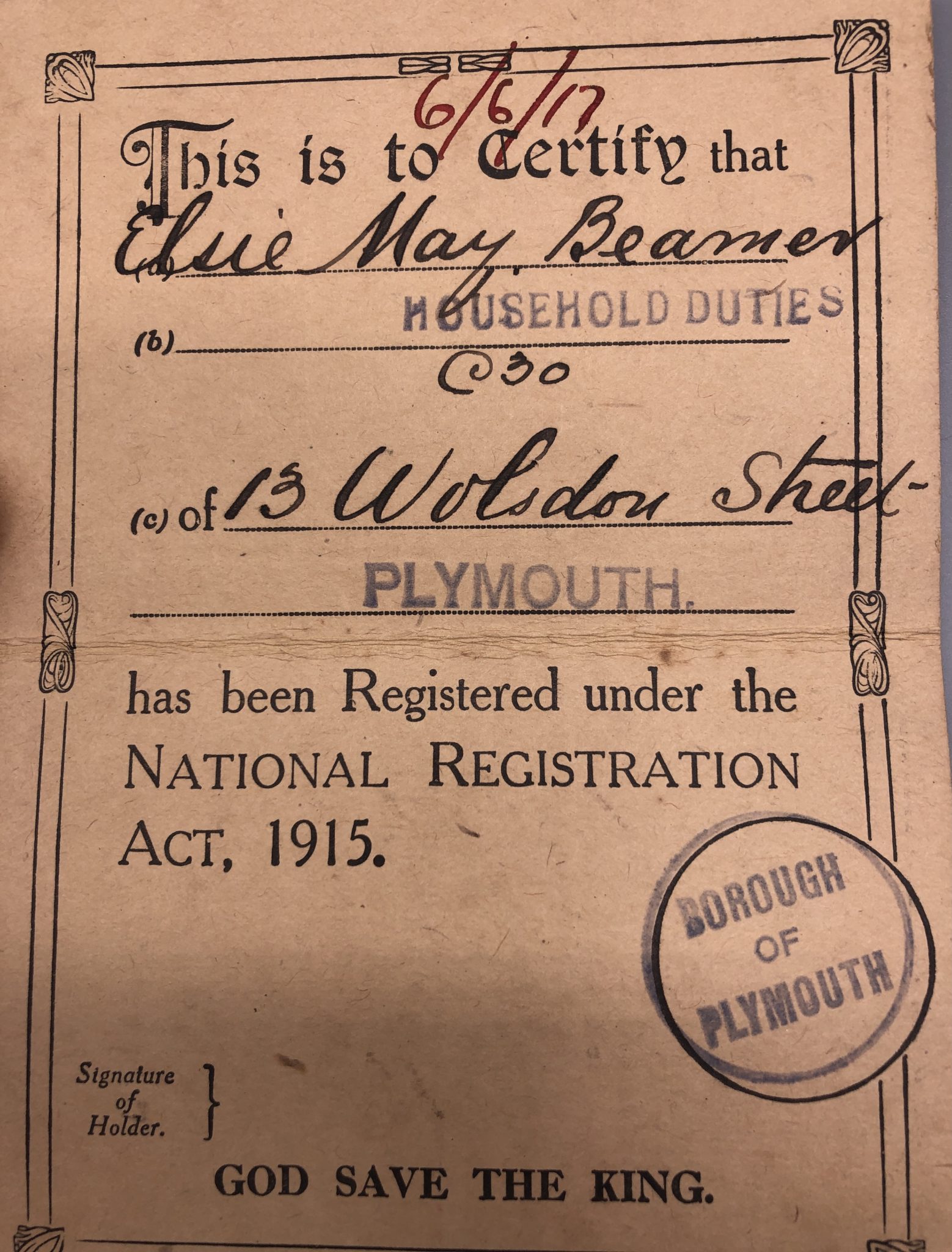 National Registration Act Card I WW1 British Militaria Documents